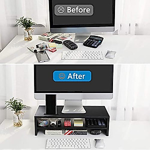 AMERIERGO Monitor Stand Riser, 2-Tier Wood Computer Stand, Ergonomic Monitor Riser Desk Organizer with Storage and Cable Management, Versatile as Storage Shelf & Screen Holder, for Laptop Printer PC