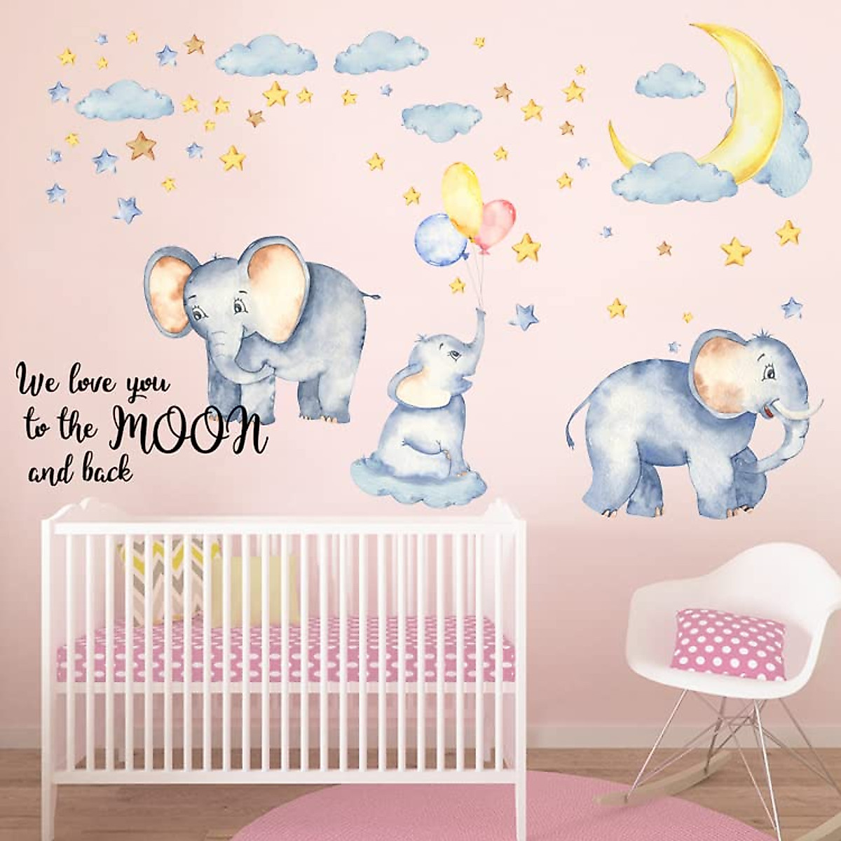 Elephant Wall Stickers for Baby Nursery Wall Decor, Elephant Nursery Wall Dacal Decor for Girls Baby Boy, We Love You to The Moon and Back Elephant Decor for Baby Room Kids Bedroom Playroom Art Gift