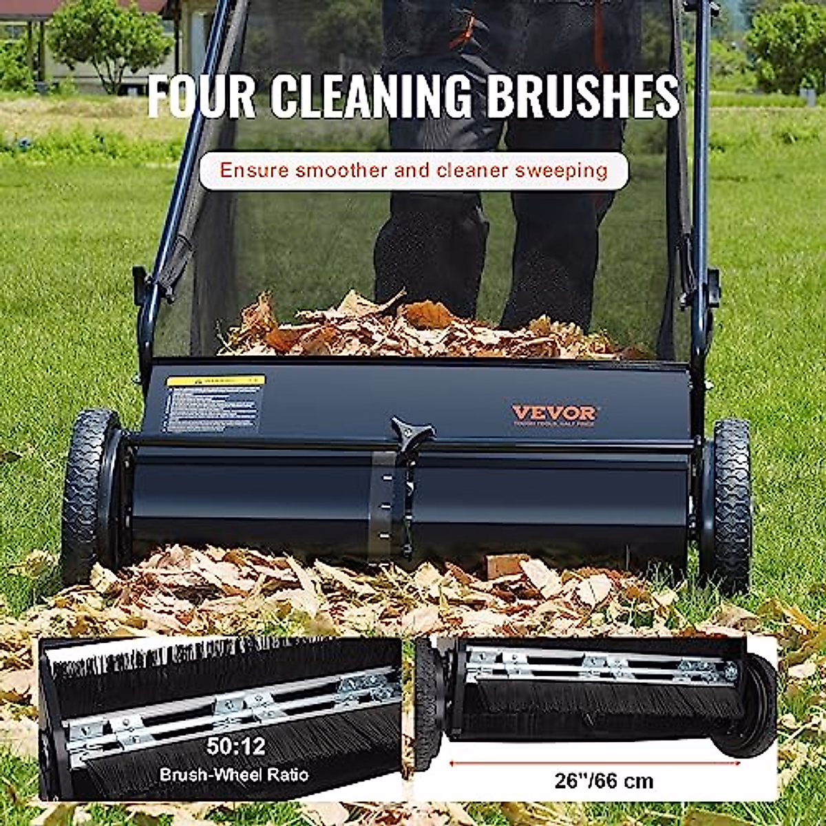 VEVOR Push Lawn Sweeper, 26 Inch Leaf & Grass Collector, Strong Rubber Wheels & Heavy Duty Thickened Steel Durable to Use with Large Capacity 7 ft³ Mesh Collection Bag, 4 Spinning Brushes