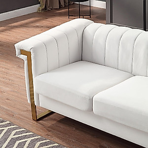 MULEJYBO 84" Velvet Sofa Couch, Chesterfield 3 Seater Couch with Rolled Armrest for Living Room, Mid-Century Modern Sofa with Brushed Metal Feet, Beige