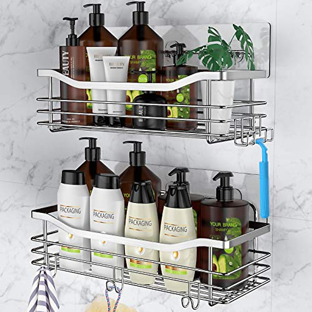 Orimade 2-Pack Adhesive Shower Caddy bundle with 2-Pack Shower Organizer