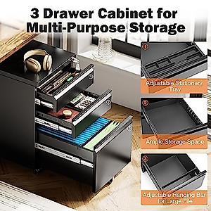 Sweetcrispy File Cabinet - 3 Drawer File Cabinet with Lock, Mobile Rolling File Cabinet, Under Desk File Cabinet with Pre-Assembled, Metal Small File Cabinet for Home Office