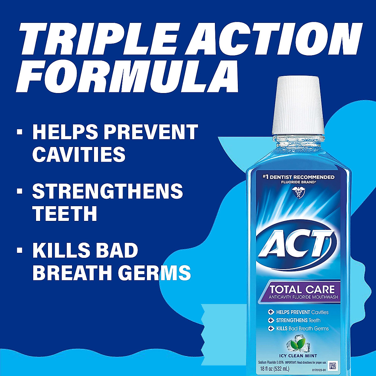 ACT Total Care Anticavity Fluoride Mouthwash 18 fl. oz. 3pk Kills Bad Breath Germs, Icy Clean Mint