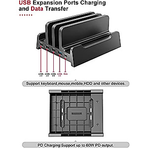 Vertical Laptop Stand with USB Hub, Plastic Dual-Slot Laptop Holder Adjustable Dock Size, Laptop Docking Station with 1 USB-C and 4 USB-A Ports, for All MacBook/Surface/HP/Dell/iPad Up to 17.3 inches