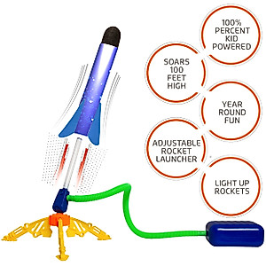 Light Up Toy Rocket Launcher for Kids | Shoots Up to 100 Feet in The Air | 6 Colorful Flashing Foam Rockets and Sturdy Launcher Stand, | Fun Outdoor Toy | Gift for Boys and Girls Age 3+