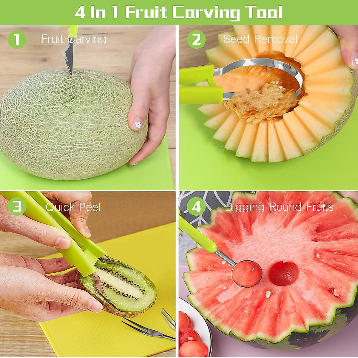 14 Pack Melon Baller Scoop Set - 4 in 1 Stainless Steel Fruit Tool Set Fruit Scooper Seed Remover with Fruit Vegetable Cutter Shapes Set Fruit Peeler for Fruit Slicer Dig Pulp Separator