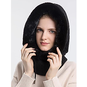 Women One Piece Slouchy Fleece Beanie Hats Scarf Mask Drawstring Warm Hooded Winter Balaclava Pullover Knitted Hat Black