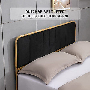 Mjkone California King Size Metal Platform Bed Frame with Dutch Velvet Headboard, Clearance Bed Frame Upholstered Headboard, Metal Strip Support, No Box Spring Needed, Black