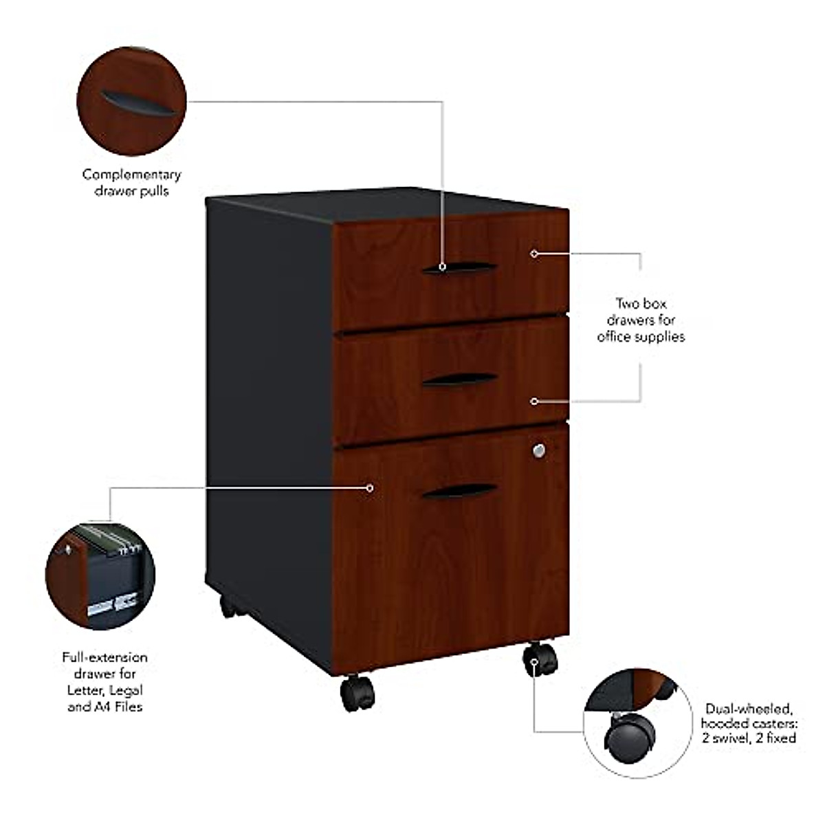 Bush Business Furniture Series A 3 Drawer Mobile File Cabinet, Hansen Cherry/Galaxy