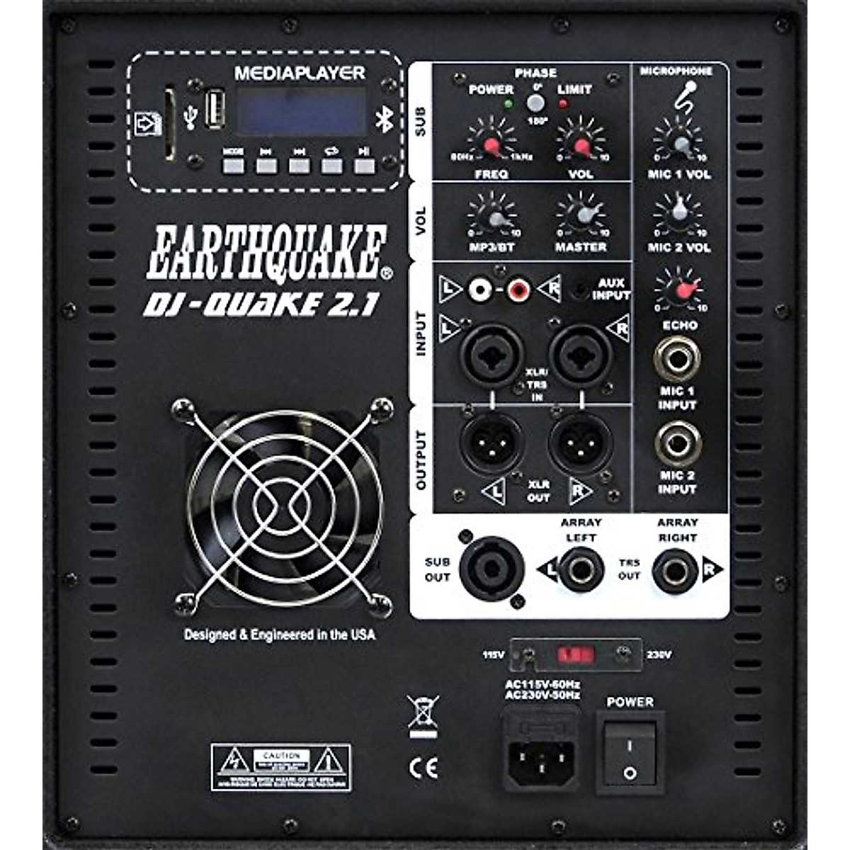 Earthquake Sound DJ-Quake (Ver 2) 12-inch 1200-Watt Subwoofer with Built-In Amplifier, USB/SD, and Bluetooth, Black