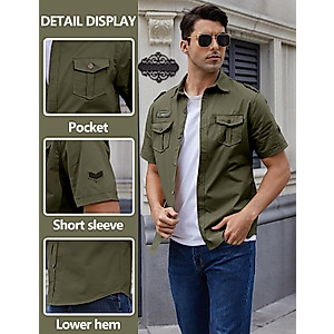 Gihuo Men Shirt Short Sleeve Military Button Down Army Tactical Shirt Utility Cargo Work Uniform Shirt Tops (Medium, Army Green)