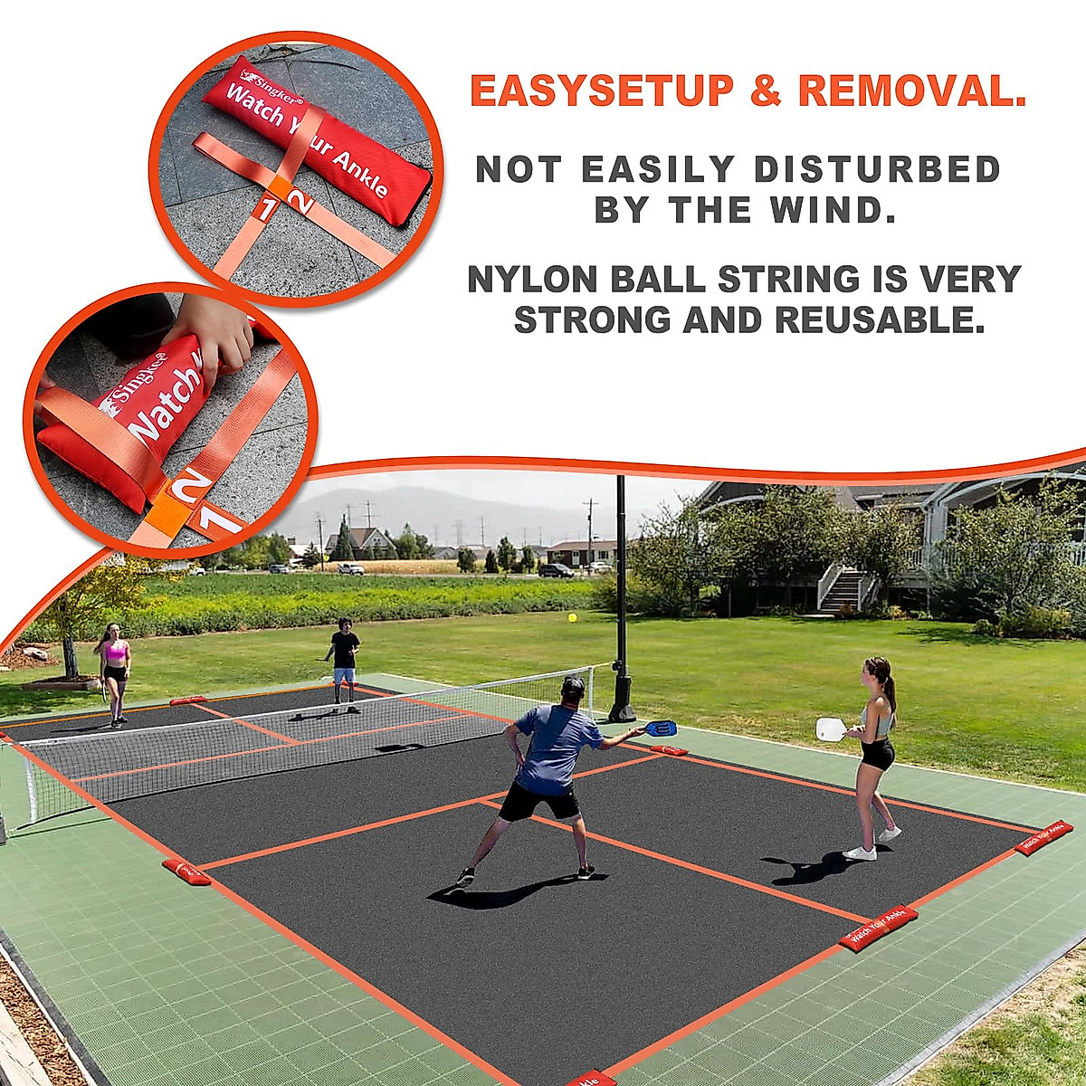 Singker PortablePickleball Court Marking Kit,Innovative, 10 Zippered sandbags Keep thewind from Messing Around,Temporary Pickleball Boundary Lines, 8 Nylon webbings, Net Not Included