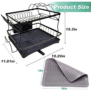 Vasysvi Dish Drying Rack with Drainboard for Kitchen Counter,2 Tier Dish Drainer Set with Utensils Holder，Large Capacity Stainless Steel Dish Racks Bonus with Drying Mat