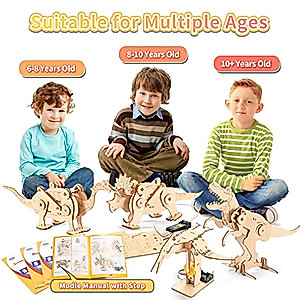 STEM Projects Kits for Kids Age 8-10-12, 4 in 1 3D Wooden Puzzles Dinosaur Craft for 6-8, Building Toys for Boys Ages 8-12, Wood Woodworking Model Kits, DIY Dino Robot Kit