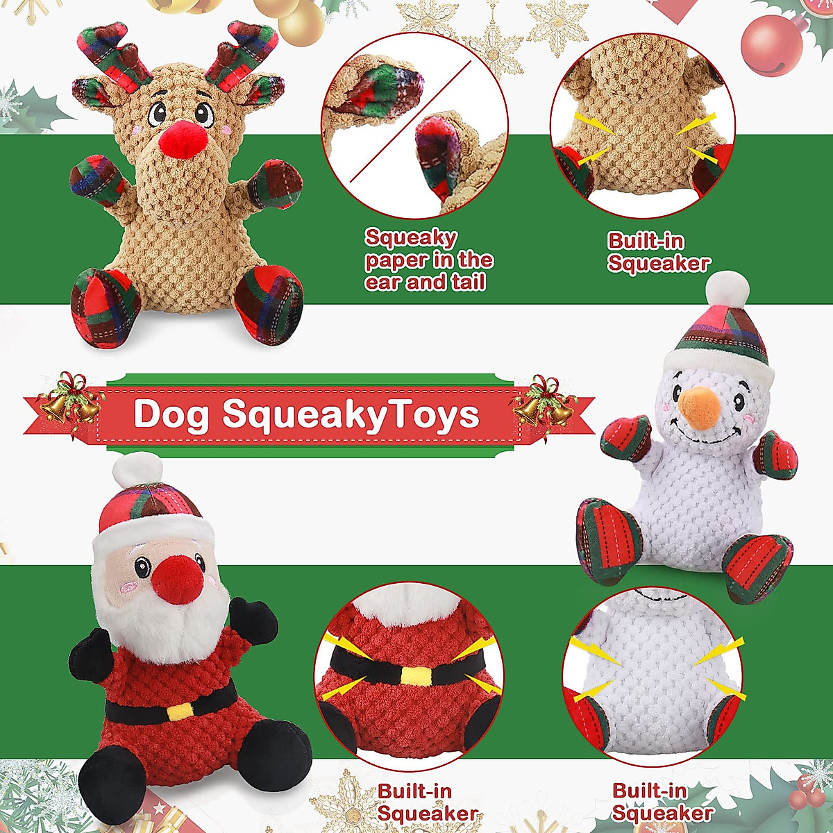 UPSKY Dog Christmas Toys with Squeaker, 3 Pack Squeaky Dog Toys with Crinkle Paper, Cute Soft Pet Toys for Teeth, Interactive Plush Dog Chew Toys for Small Medium Large Dogs