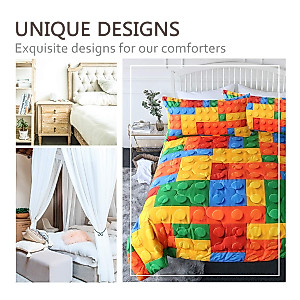 BlessLiving 3 Piece Colorful Toy Comforter Set for Kids Teens Boys Funny Building Blocks Bedding Set Twin/Twin XL with Comforter Reversible Quilt Twin Sets with 2 Pillow Shams