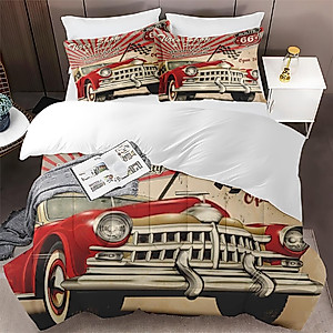 Pinbeam Comforter Set Queen Size, Tire Retro Vintage Car Soft Bedding Set for Kids and Adults, Vehicle Automotive Garage Comforter Set with 2 Pillowcases for Bedroom Bed Decor