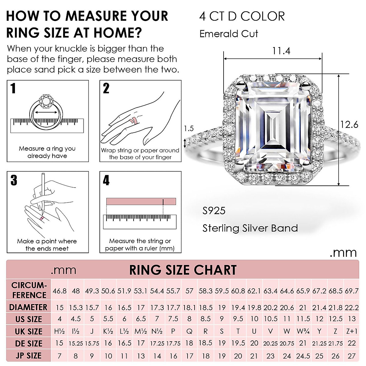 Michooyel S925 4.0ct Emerald Cut Engagement Ring for Women Diamond Halo Promise Ring Cubic Zirconia Sterling Silver Wedding Band Ring for Women