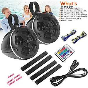 Pyle 2-Way Dual Waterproof Off-Road Speakers - 4" 800W Marine Grade Wakeboard Tower Speakers System w/RGB Lights & Remote, Full Range Outdoor Audio Stereo Speaker for ATV/UTV, Jeep, Boat PLUTV44BTR