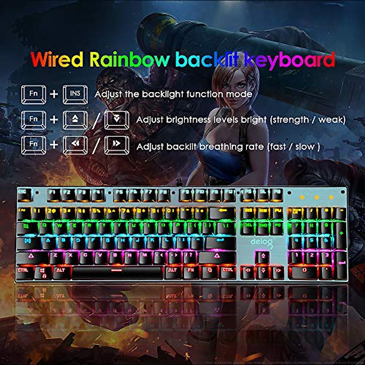 FELICON Gaming Keyboard, 104 Keys Ultra-Slim Rainbow Backlit Wired Keyboard with Blue Switches,Durable ABS Keycaps/Anti-Ghosting/Spill-Resistant Mechanical Keyboard for PC Mac Xbox Gamer