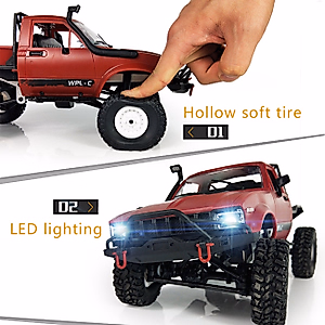 YIKESHU RC Truck Remote Control Rock Crawler Off-Road Racing Vehicles 1:16 2.4G 2CH 4WD Offroad RC Crawler Kids Toy Climb Semi Truck RTR Trailer LED Lights Red (WPL-C14)