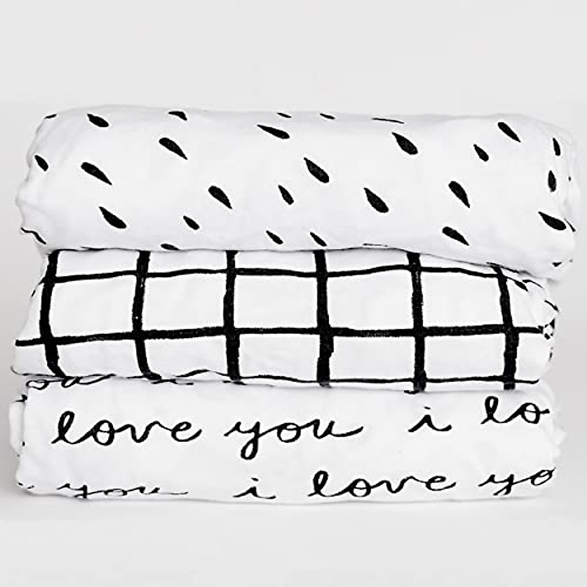 NODNAL CO. 3 Fitted Crib Sheets Black/White Set for Baby Toddler Mattress - 100% Oeko-TEX Cotton Gender Neutral for Girl/Boy Nursery Bedding - I Love You, Plaid & Abstract Polka Dots 28”x52”x9” Sheet