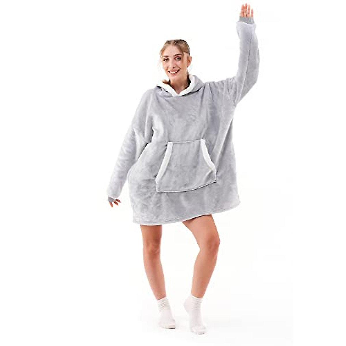 FEDERI The Original Oversized Sherpa Wearable Blanket Hoodie | Plush Fleece Blanket Sweatshirt with Pockets and Sleeves for Men and Women | One Size Fits All (32x44 inches) (Gray)