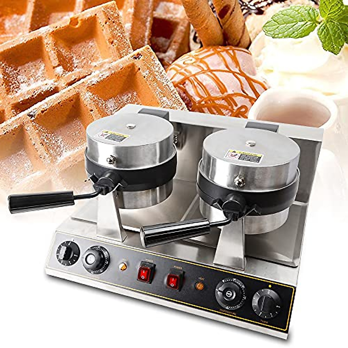 Waffle Maker 2400W Electric Double Heads Waffle Machine Non-stick Round Waffle Iron Maker Thicken Stainless Steel Home or Commercial Use Restaurant or Bakery 110V