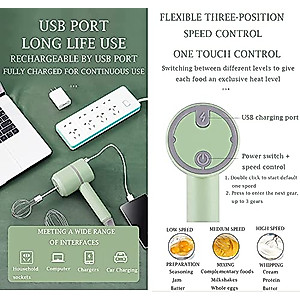 Portable Electric Cordless Handheld Mixer, 3-Speed Adjustable Lightweight USB Rechargeable Hand Mixer Stainless Steel Egg Whisk with Double Egg Sticks for Kitchen Baking and Cooking (Green)