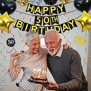 RUBFAC 50th Birthday Decorations for Men, Black Gold Happy Birthday Party Decorations Set for Men Women, 50th Birthday Party Supplies
