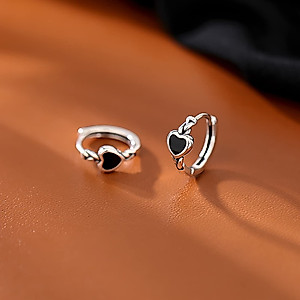 SLUYNZ 925 Sterling Silver Black Heart Hoop Earrings for Women Teen Girls Heart Huggie Earrings Hoop (A-Silver)