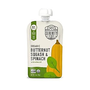 Serenity Kids 6+ Months USDA Organic Veggie Puree Baby Food Pouches | No Sugary Fruits or Added Sugar | Allergen Free | 3.5 Ounce BPA-Free Pouch | Butternut Squash & Spinach | 6 Count