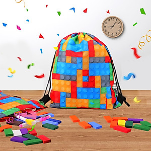 12PCS Building Blocks Drawstring Gift Bags,Building Blocks Drawstring Backpack Party Favor Bags,Kids Birthday Goodie Bags Candy Treat Gift Bags for Boys Girls Building Blocks Party Supplies,10x12 inch
