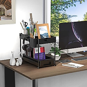 SODPE Bathroom Cabinet Organizer, 2 Tier Under Sink Organizer, Sliding Kitchen Basket Organizer Drawer, Multi-purpose Storage Shelf for Kitchen Countertop and Cabinet with Hooks, Hanging Cup, Divider