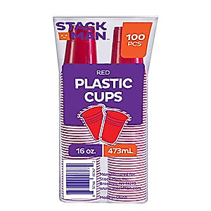 Red Cups - Party Cups - Disposable Plastic Cups [16 oz - 100 Pack] Fun & Durable Party Cups for Drinking & Playing - Bulk Case of 100 Cups, By Stack Man
