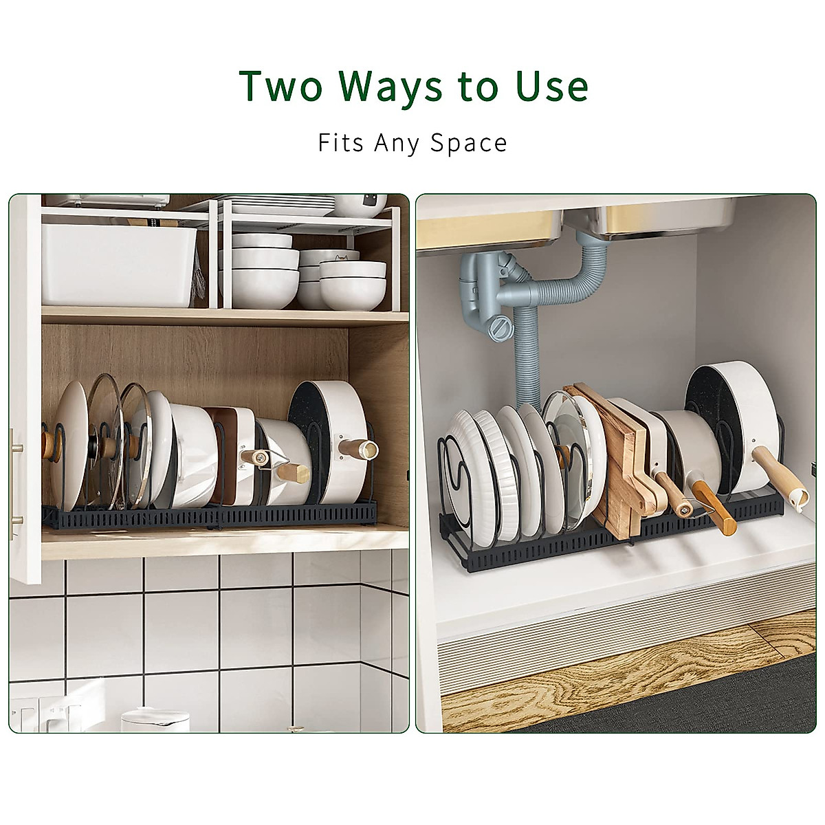 BesChase Pots and Pans Organizer, Expandable Pot Rack with 12 Adjustable Dividers, Pot Pan Lid Organizer Holder for Cabinet Countertop Cupboard Kitchen Storage