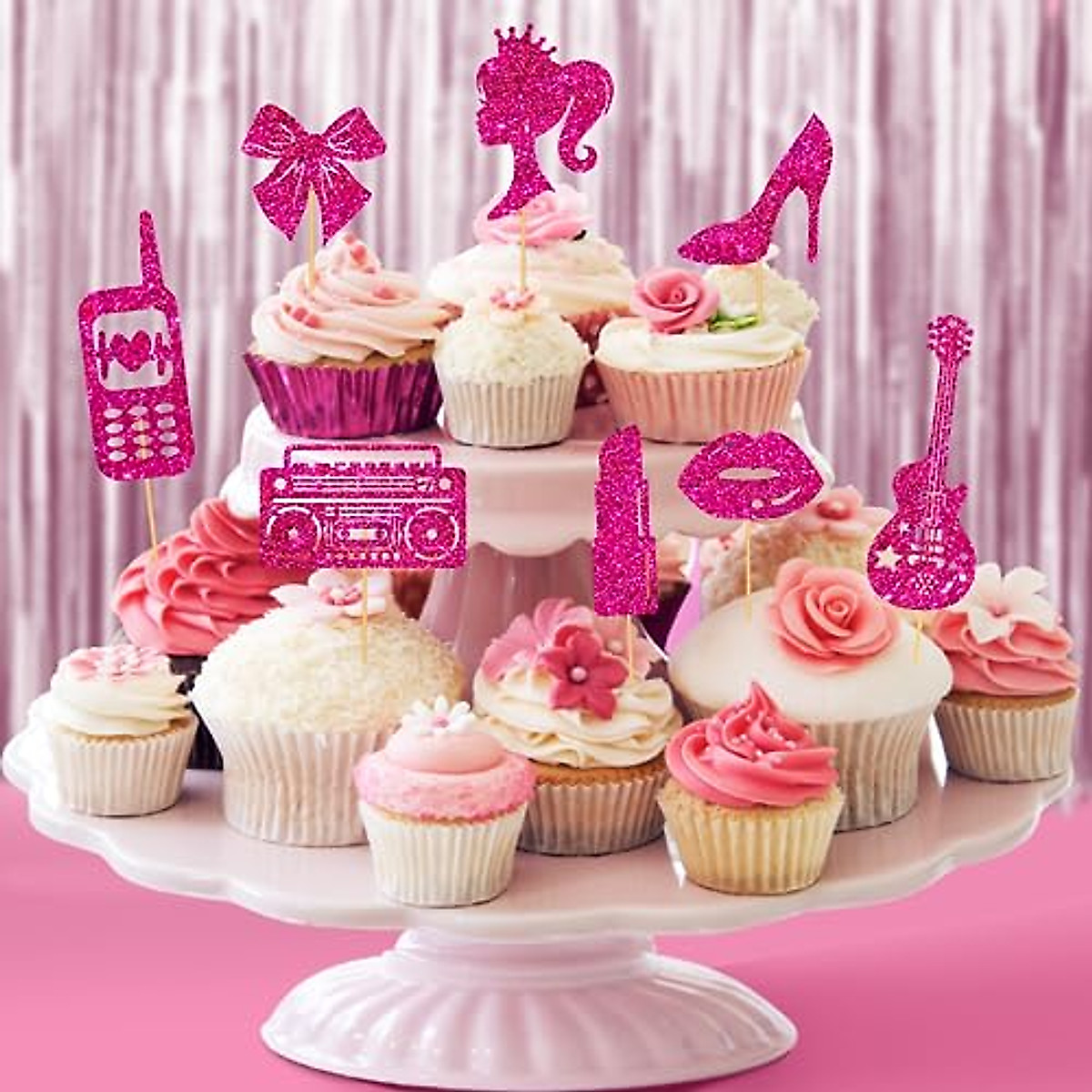 Ufocusmi 24 Pack Princess Party Cupcake Toppers, Glitter Pink Girls Theme Party Decorations, Princess Birthday Cake Topper Bachelorette Party Supplies