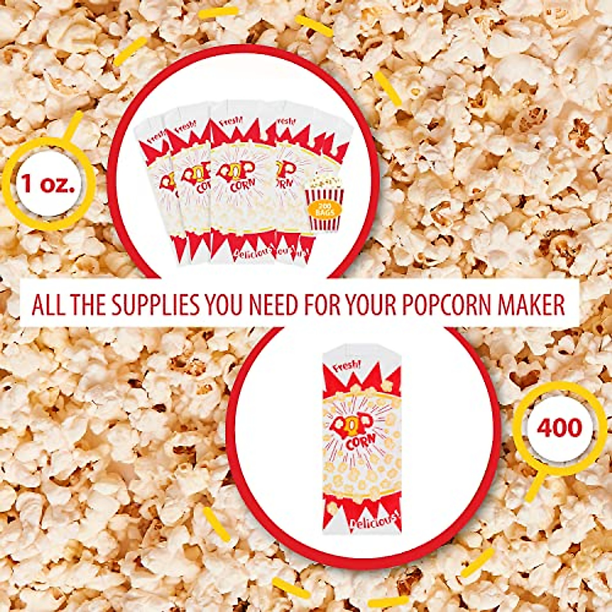 400 Popcorn Bags, Popcorn Machine Supplies Set, 1 oz Grease Resistant Paper, Popcorn Bags for Popcorn Machine, Grease Resistant, Carnival Themed, Made in The USA (400)