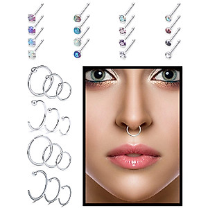 SCERRING 18 Gauge Nose Rings Hoop Stainless Steel Bone 2mm CZ Opal Nose Studs Cartilage Daith Tragus Ear Piercing Ring Hoop Body Jewelry Set 28PCS