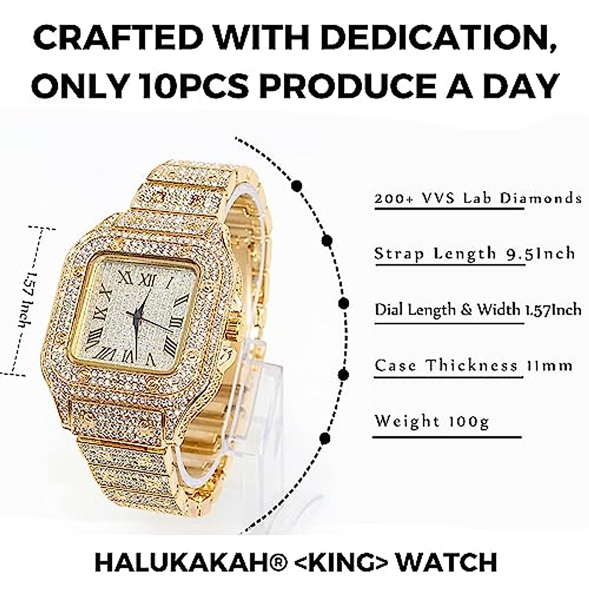 Halukakah Men's Diamond Watch - The King - 18K Gold Plated, 40MM Square Dial, Iced Out Wristband, Lab Diamonds Handset, Comes in Giftbox