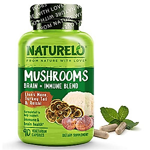 NATURELO Mushroom Supplement – Brain & Immune Health Blend with Lion’s Mane, Reishi, Turkey Tail – 90 Vegan Friendly Capsules
