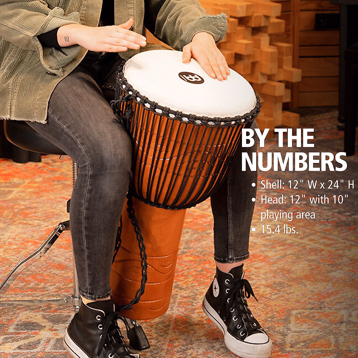 Meinl Percussion ADJ2-L+BAG African Style Rope Tuned 12-Inch Wood Djembe with Bag, Brown