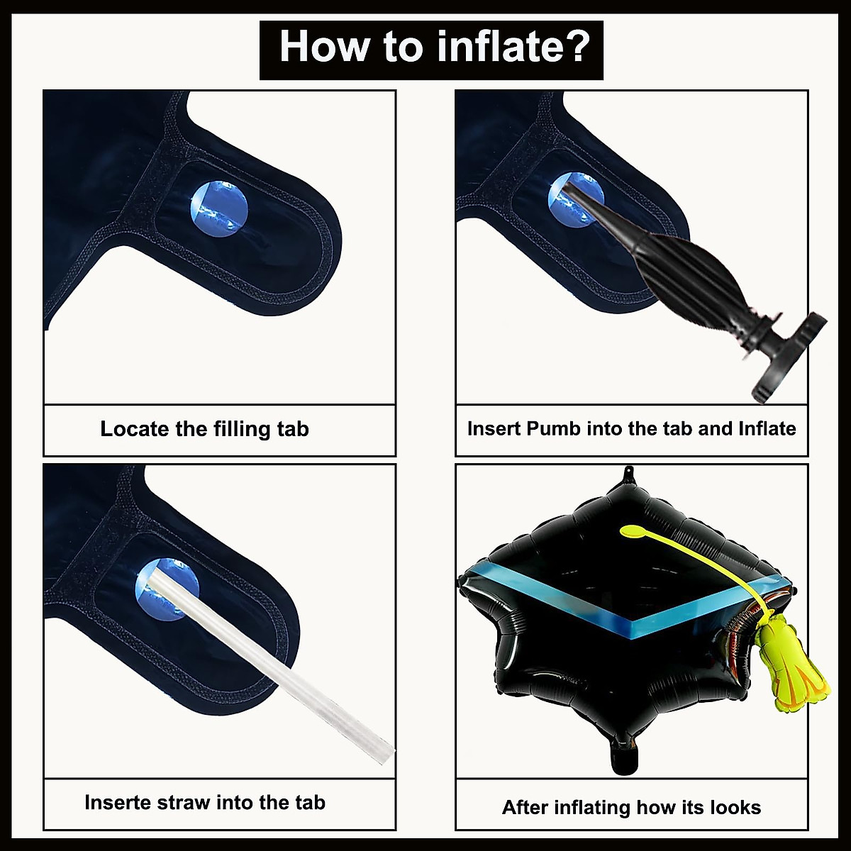 4 Pieces 22 Inches Black Graduation Cap Balloons, Large Academic Cap Shaped Mylar Foil Balloons with Tassel Design, Grad Hat for Class of 2024 Graduation Ceremony or Party Decorations