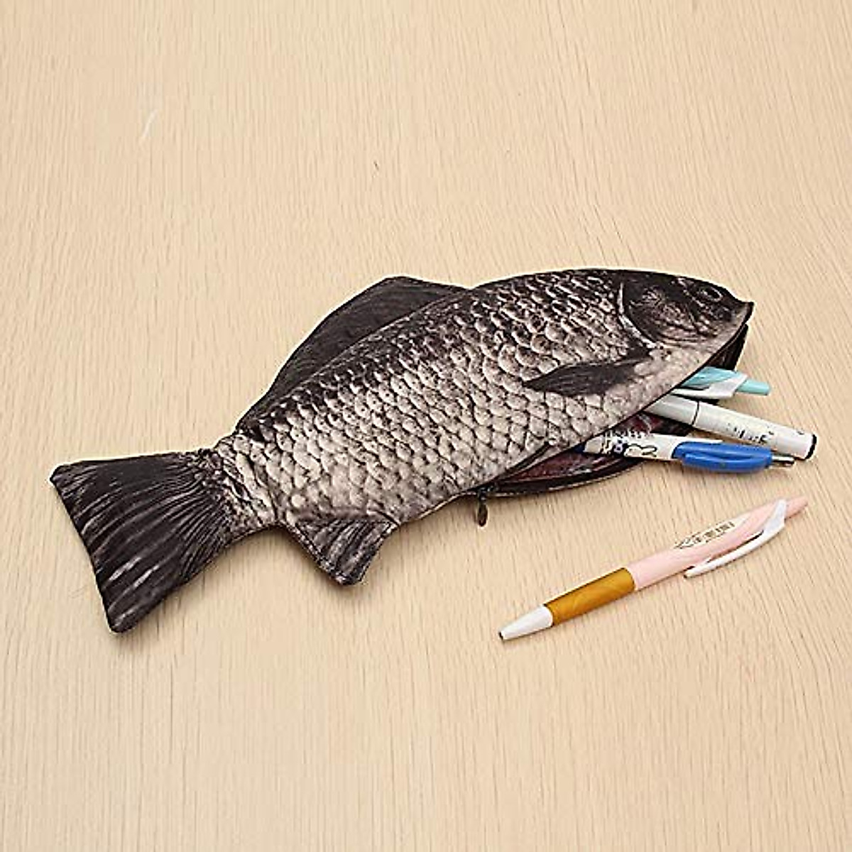 ROORUER Pencil Case,Back to SchoolPencil Pouch Pen Bag, Carp Pen Bag Realistic Fish Shape Make-up Pouch with Zipper (Black)