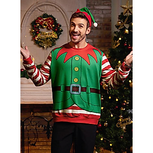 Arvilhill Christmas Men's Funny Ugly Sweater Casual 3D Printed Holiday Crew Neck Sweatshirt Elf Stripe L