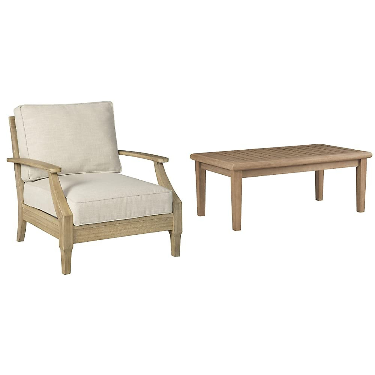 Signature Ashley Clare View Lounge Chair + Gerianne Rectangular Coffee Table Outdoor Set, Beige