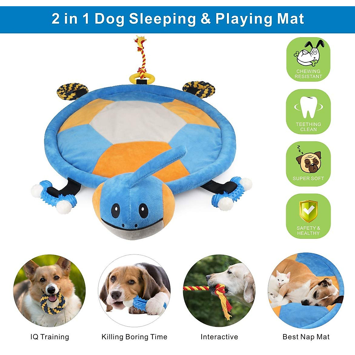 Idepet Dog Play Mat,Puppy Toy Mat with Chew Toys Multiple Dog Puzzle Interactive Toy Pet Playing Mat for Small Medium Dogs Cats,All-in-One (Turtle)