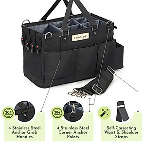 FifthStart Multiuse Cleaning Caddy with Waist & Shoulder Strap - Professional 9 Pockets Tote Bag for Housekeeping Diaper Gardening Fishing Beach Bathroom Organizer Adjustable Compartments, Black Large