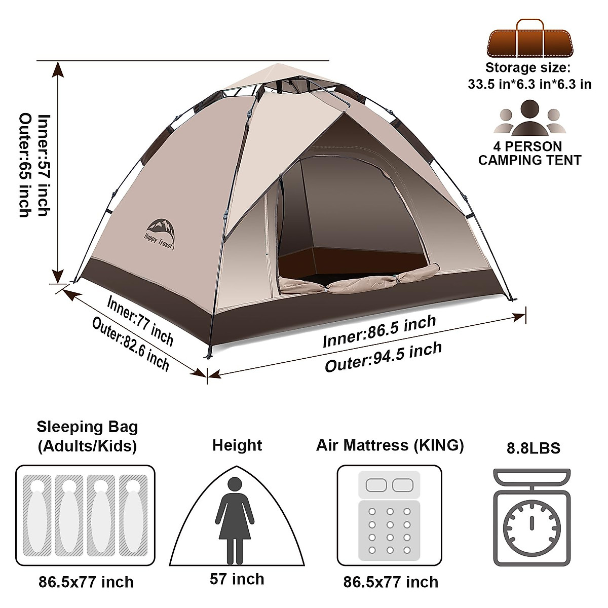 Happy Travel 1/2/3/4 Person Camping Tent, Instant Easy Pop Up Tents for Camping,Automatic Waterproof Family Camping Tent, Easy Set Up Tent,Portable Windproof Dome Tent for Camping Hiking & Traveling
