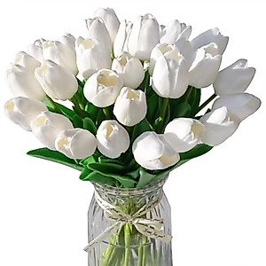 Nubry 30pcs Artificial Tulip Flowers Fake Real Touch Tulips Flower Bouquet for Wedding Arrangements Centerpieces Home Decoration (White)